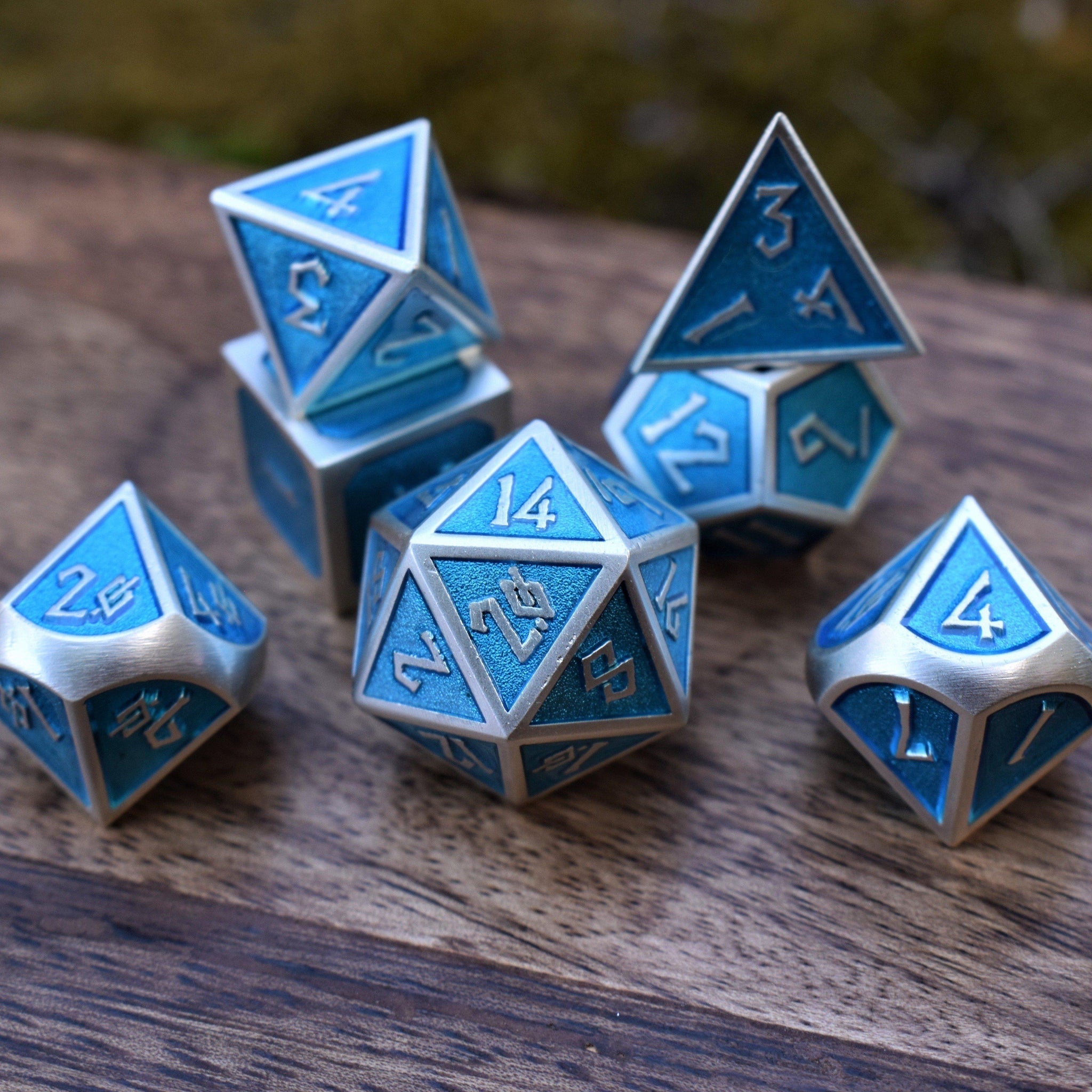 Elder Runes Electric Blue And Matte Silver Metal Dice Set – TopDeck.gg Shop